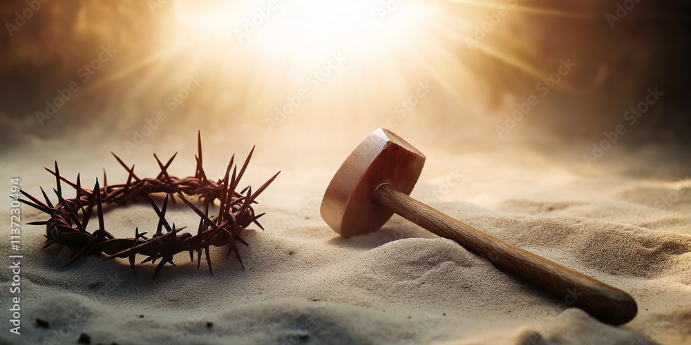 Crown of thorns and hammer resting on sand under sunlight symbolizing ...