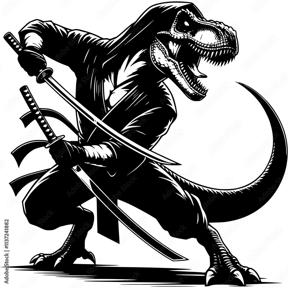 Ninja master tyrannosaurus in katana sword attacking position in ...