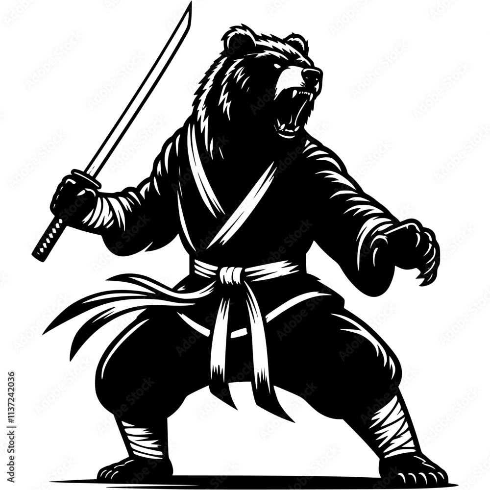Ninja master grizzly in katana sword attacking position in monochrome ...