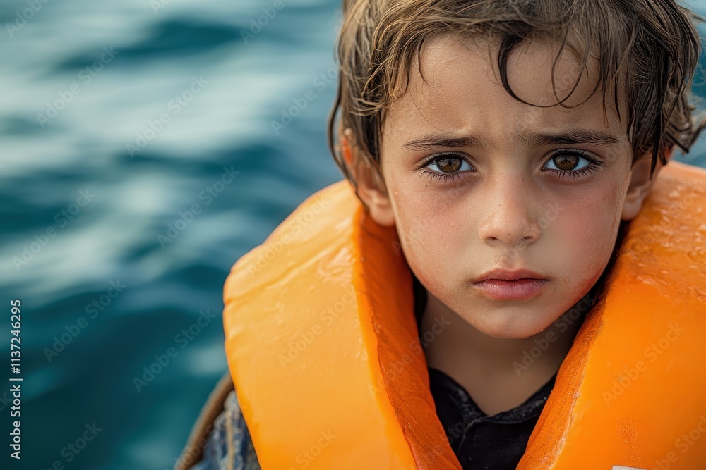 Sad young boy wearing orange life vest, on water. Illustrates themes of ...