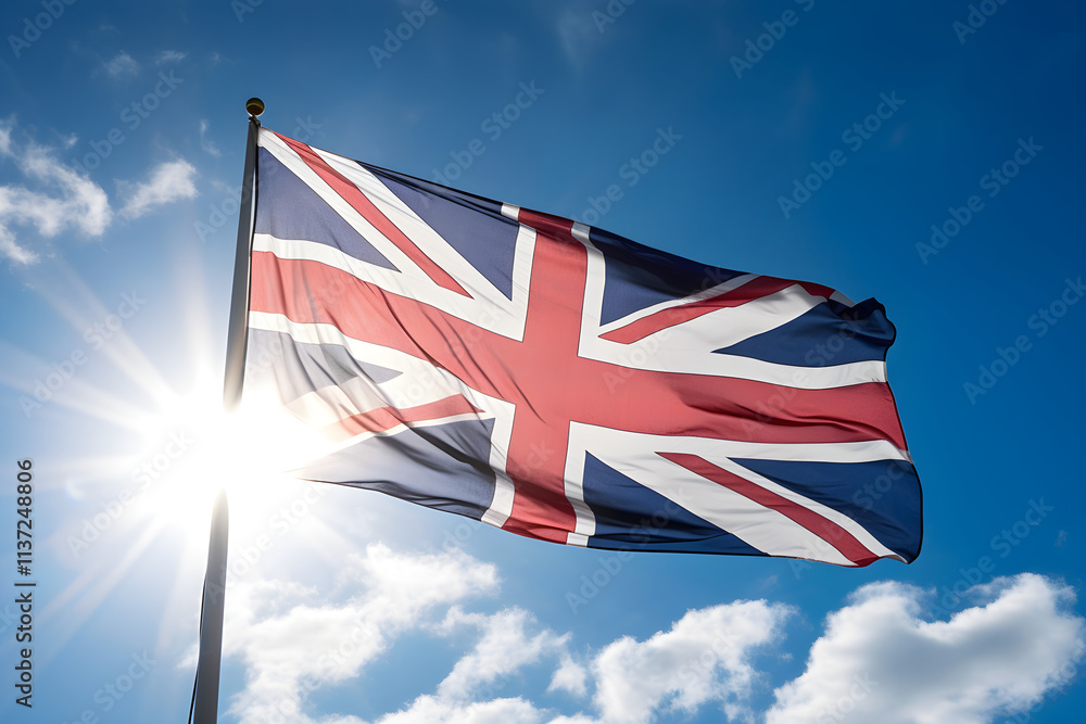 Iconic British Union Jack Flag Fluttering Against Clear Blue Sky - A ...