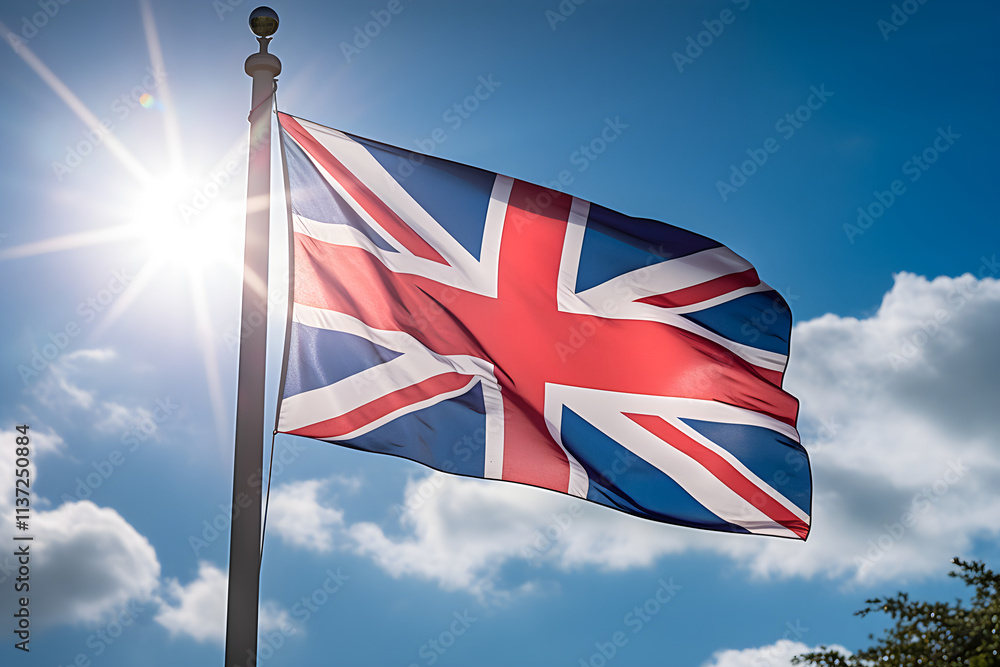 Iconic British Union Jack Flag Fluttering Against Clear Blue Sky - A ...