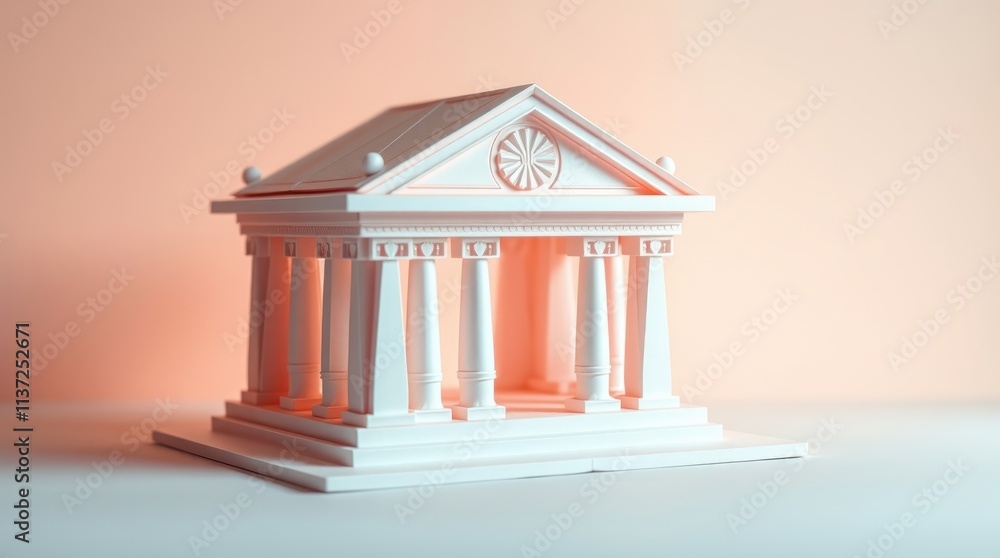 A stylized white temple structure with columns and a triangular roof ...