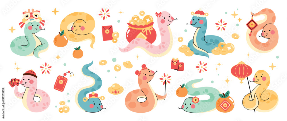 Cute funny snakes element vector set. Chinese new year symbol, happy ...
