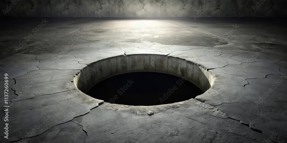 Large dark hole in concrete floor, dark, hole, concrete, floor, abyss ...