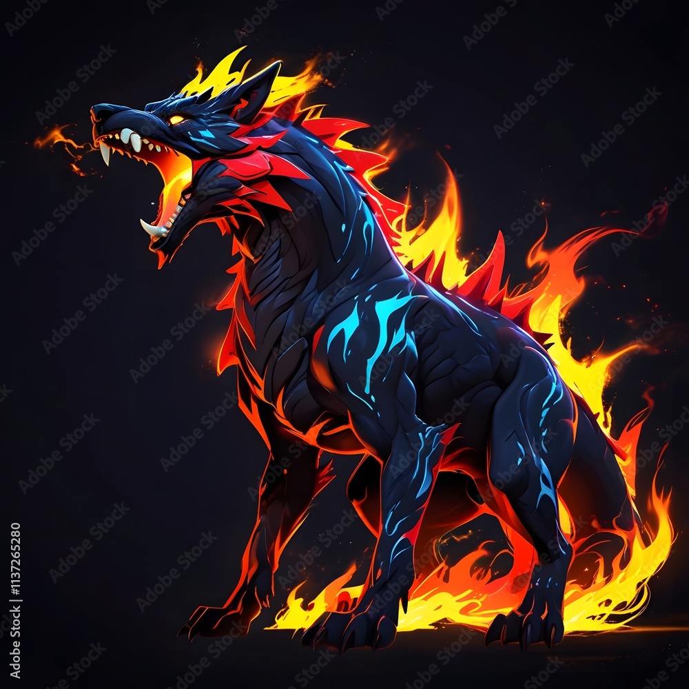 Fiery wolf creature fantasy realm digital art dark environment dynamic ...