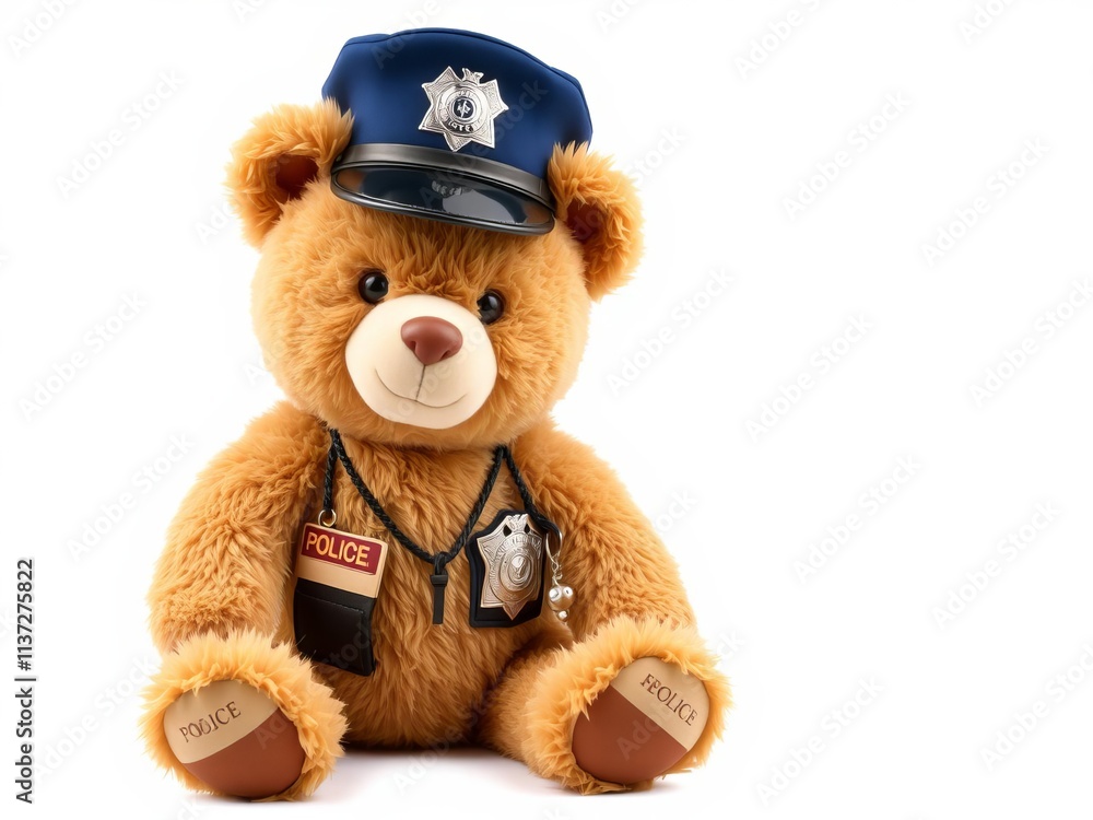 Cute teddy bear wearing policeman uniform with a badge standing alone ...