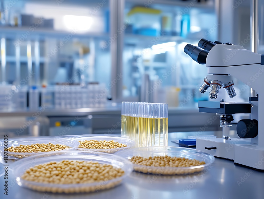 Microscope and petri dishes with soybean samples on a laboratory ...
