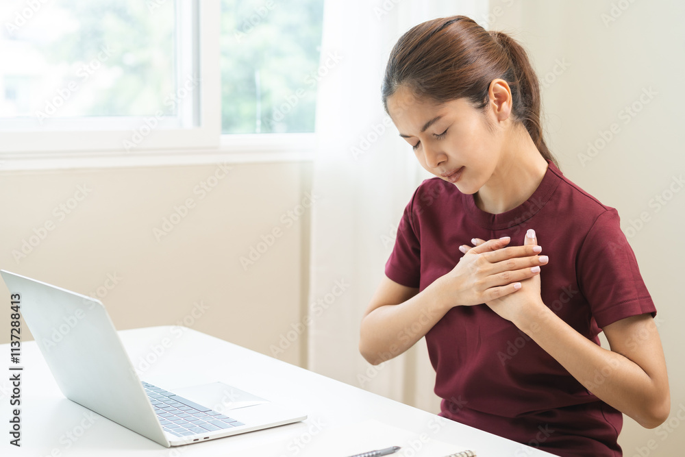 Heart attack, health care concept, suffering acute cardiac asian young ...