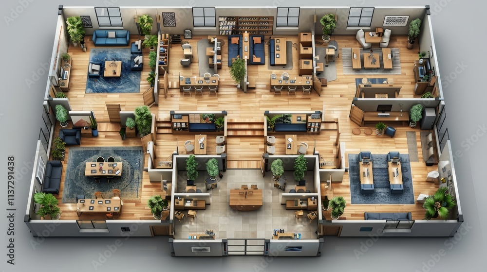 Top View 3D floorplan of office interior design with cyber security ...