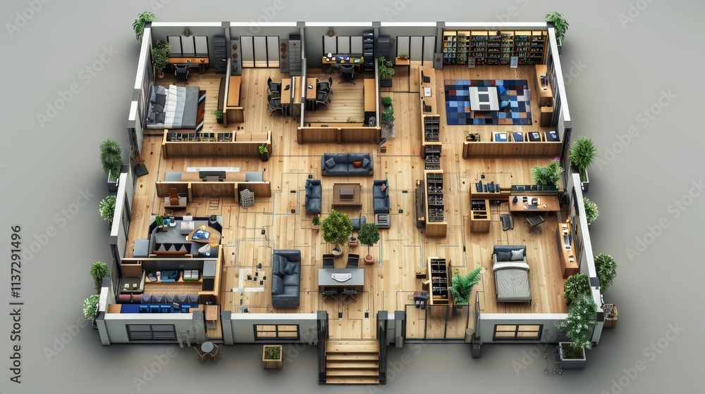 Top View 3D floorplan of office interior design with cyber security ...