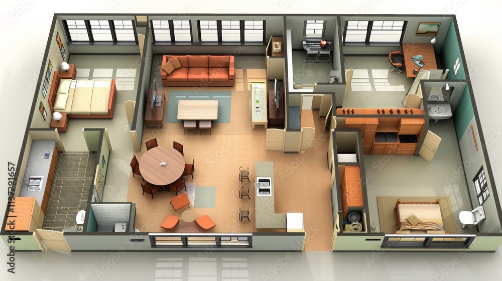 Top View 3D floorplan of office interior design with cyber security ...
