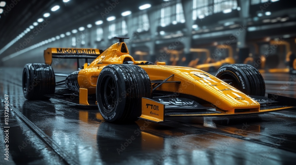 Formula One Race Car Ready to Go: A sleek yellow Formula One race car ...