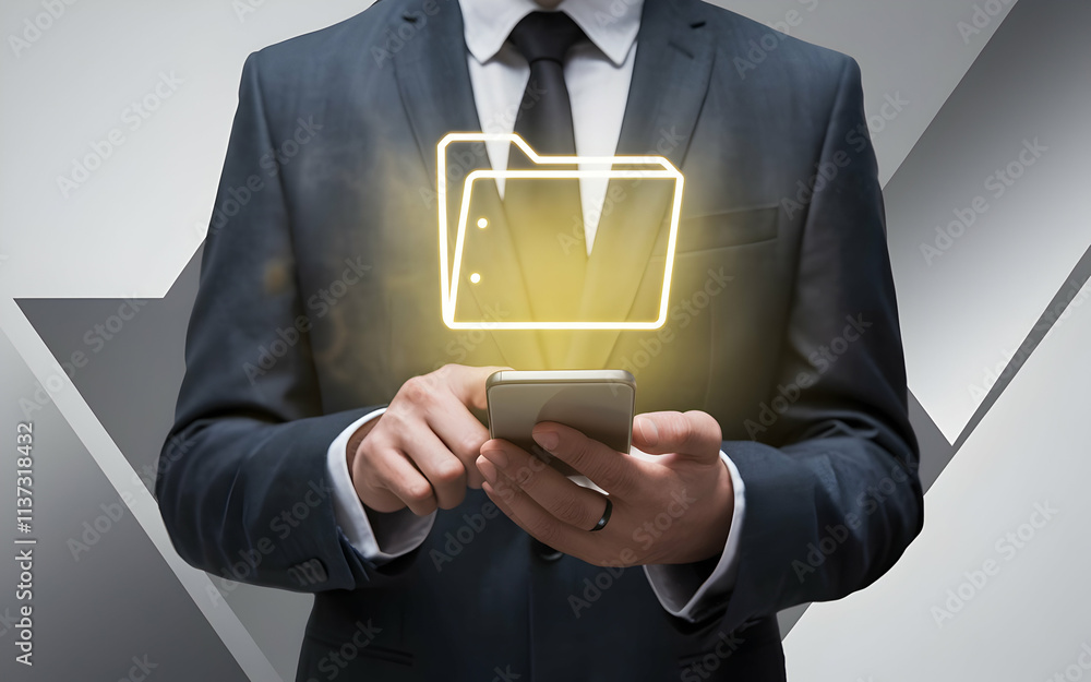 Accessing Digital Files: A businessman in a sharp suit uses his ...