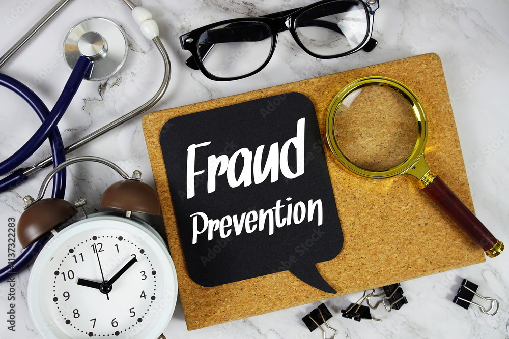 Fraud Prevention text on speech bubble with alarm clock, magnifying ...