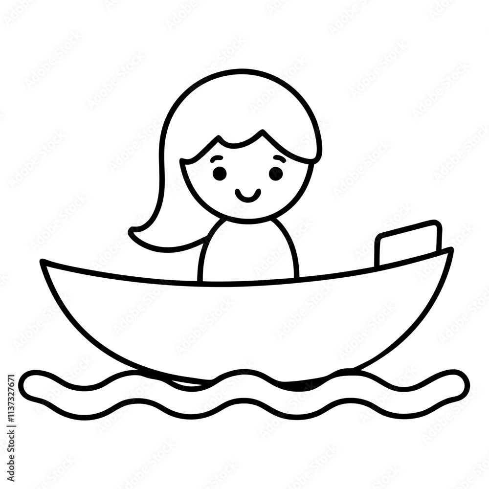 cartoon girl enjoying a boat ride kids traveling Line Art coloring book ...