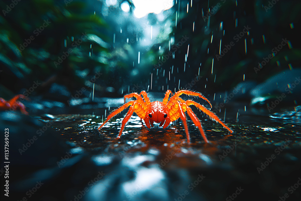 Vivid Orange Spider Crawling Through Rain-Drenched Jungle Environment ...