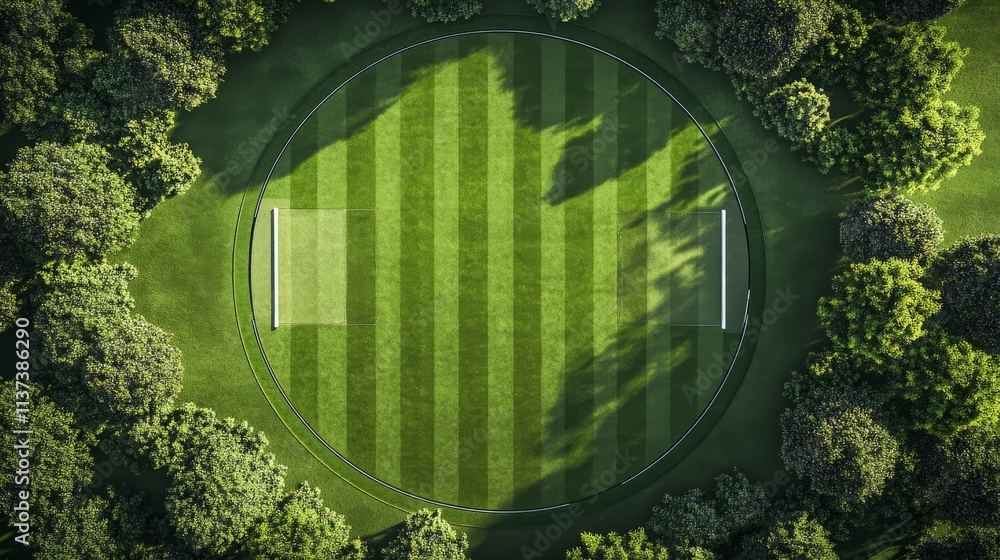 Elevated view of round cricket field, manicured lawn surface ...