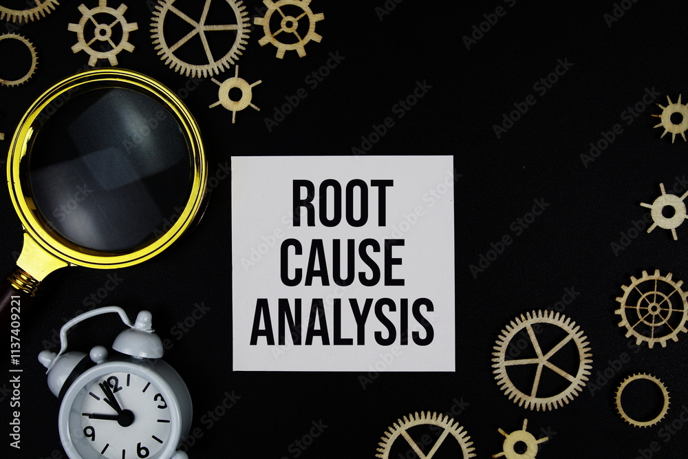 RCA Root Cause Analysis text message on sticky note with magnifying ...