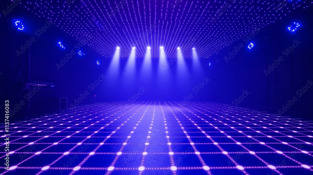 cyberpunk stage environment, neon blue grid floor, led matrix ceiling ...