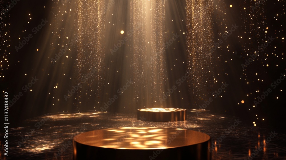 atmospheric award stage, bronze spotlight beams, floating light ...