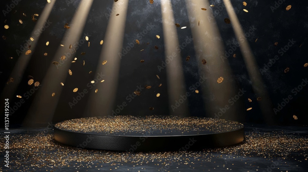 luxury product podium display, floating gold confetti, black circular ...