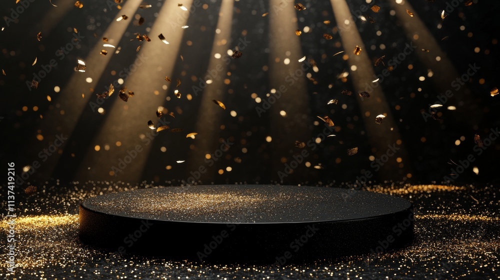 luxury product podium display, floating gold confetti, black circular ...