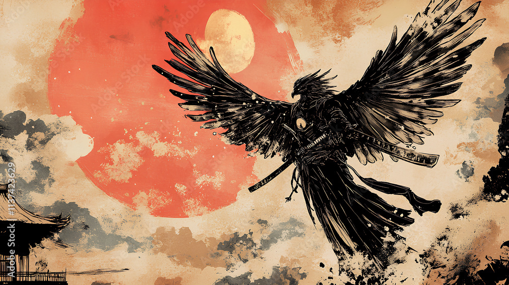 vintage mythology bird man who has samurai sword Stock Illustration ...