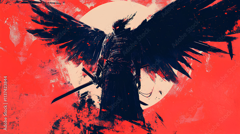 vintage mythology bird man who has samurai sword Stock Illustration ...