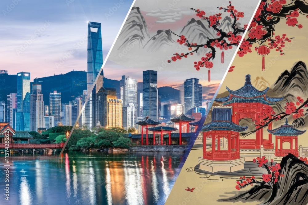 Contrasting Urban Skyline and Traditional Chinese Art: Modern Cityscape ...