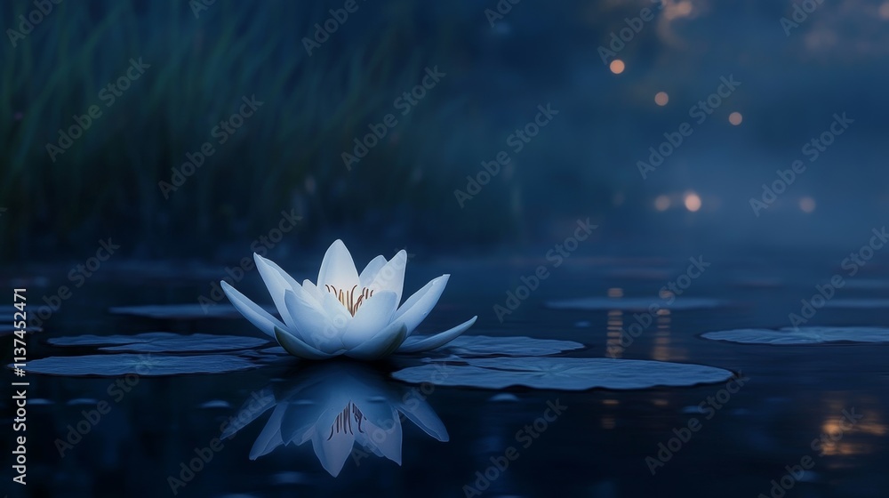 Serenity: A Single White Lily Floating in a Pool of Still Water Softly ...