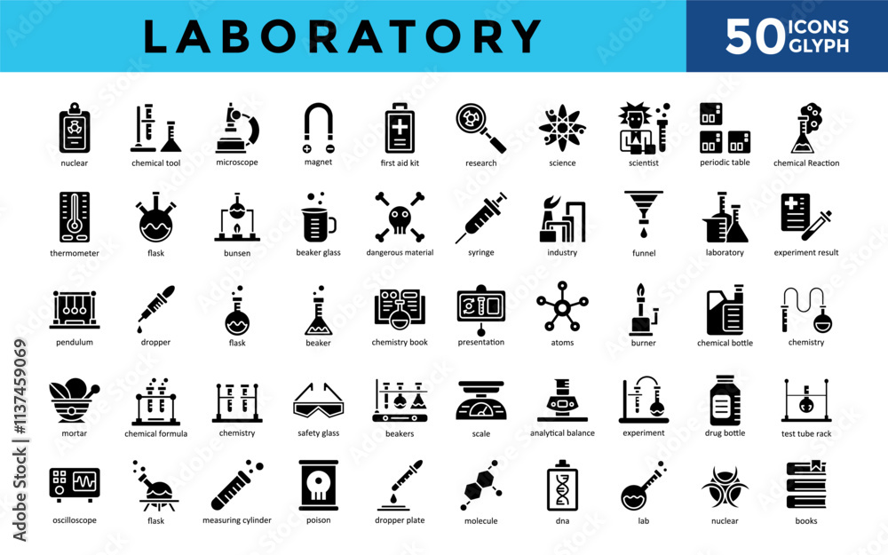 Laboratory icons set with nuclear, chemical tool, microscope, magnet ...