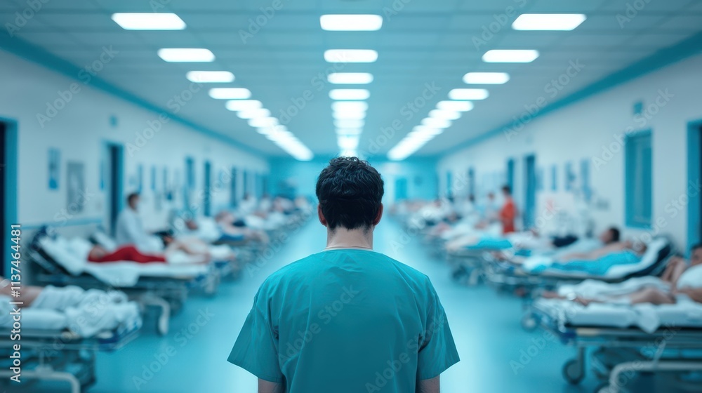 Overcrowded hospital in a pandemic zone, patients on stretchers lining ...