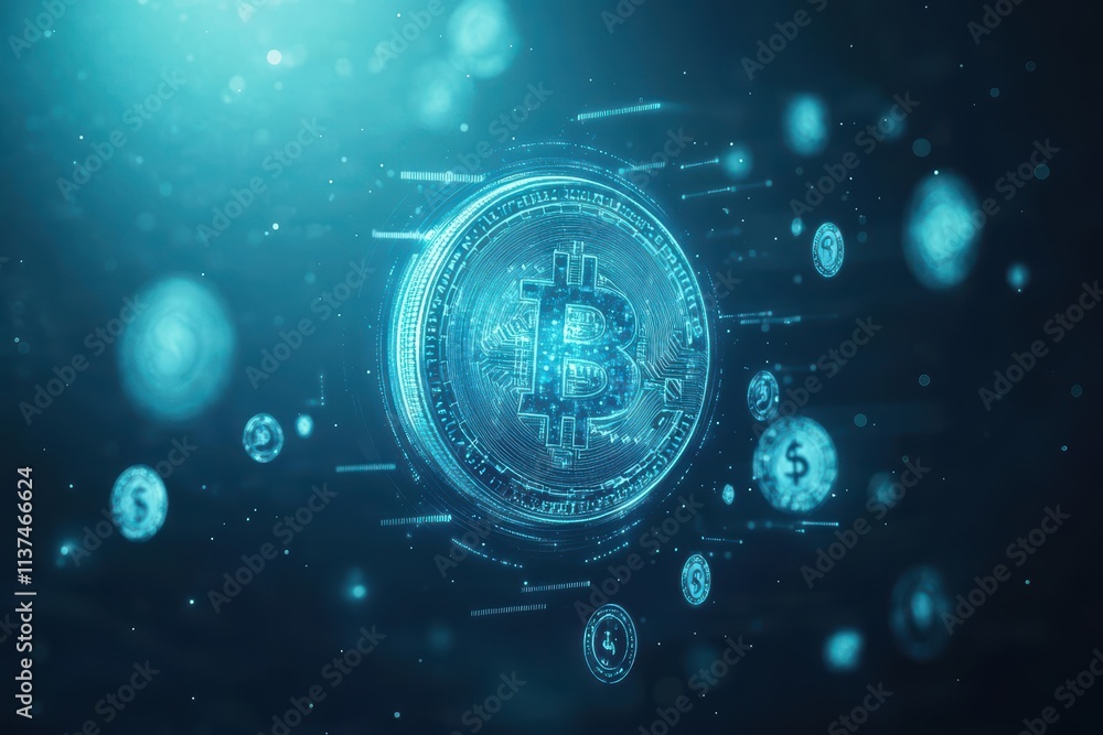 Digital holographic coin floating in space with world currency symbols around, blue and silver ...