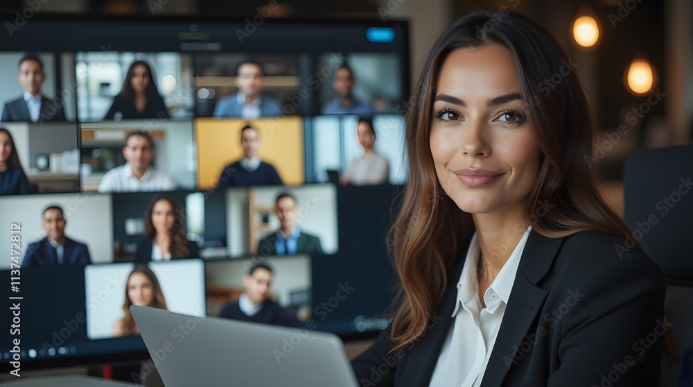 Confident businesswoman leads a virtual meeting, showcasing ...