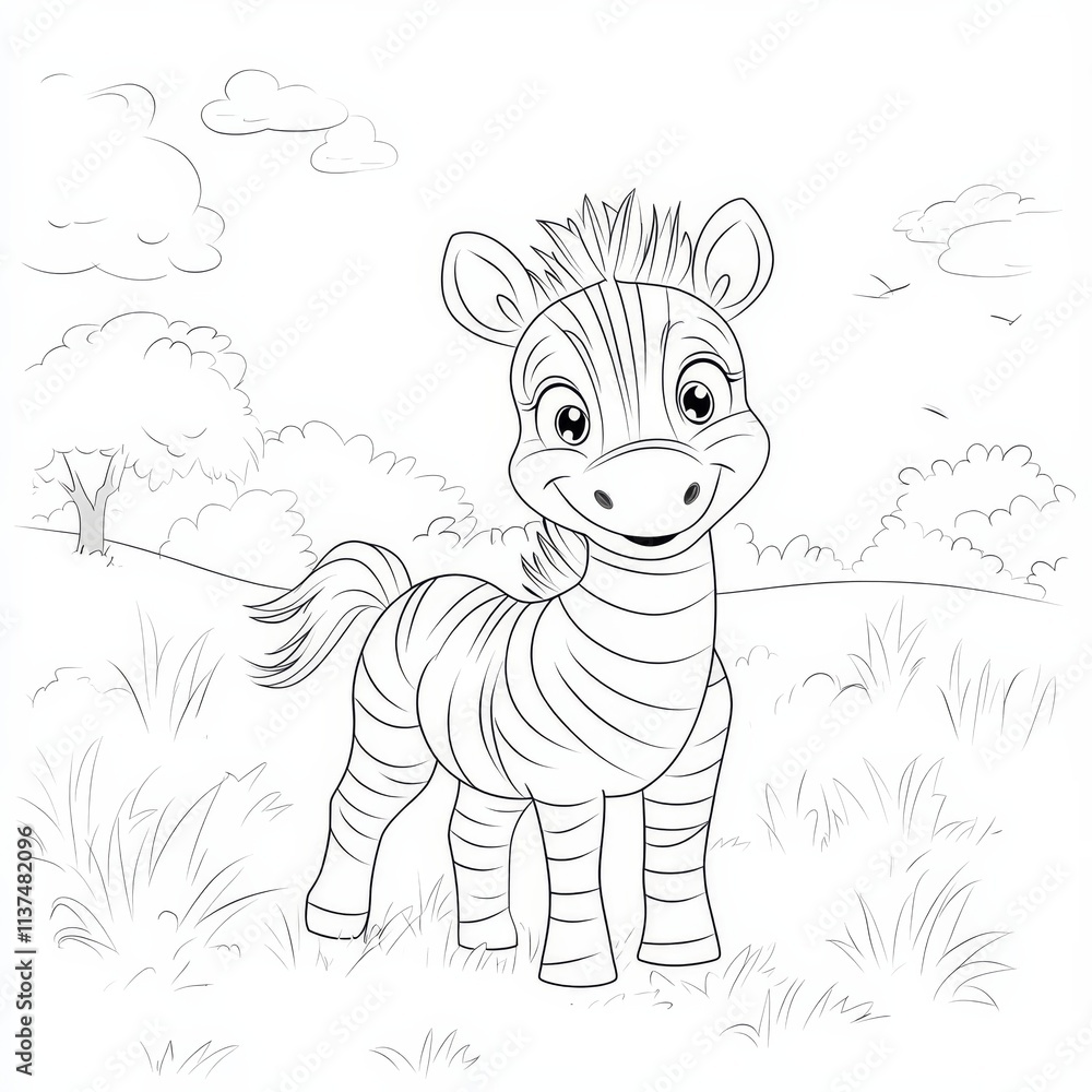 Cute Zebra Coloring Page: A delightful zebra foal stands proudly in a ...