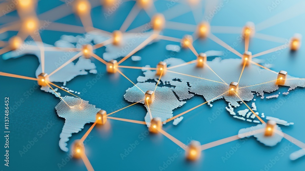 Digital network connections overlaying a world map with glowing nodes ...