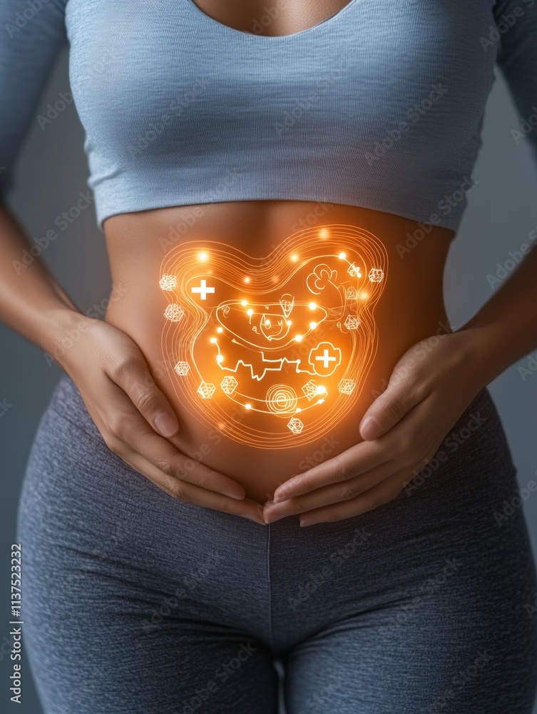 Close up of unrecognizable young woman holding hands over stomach ...