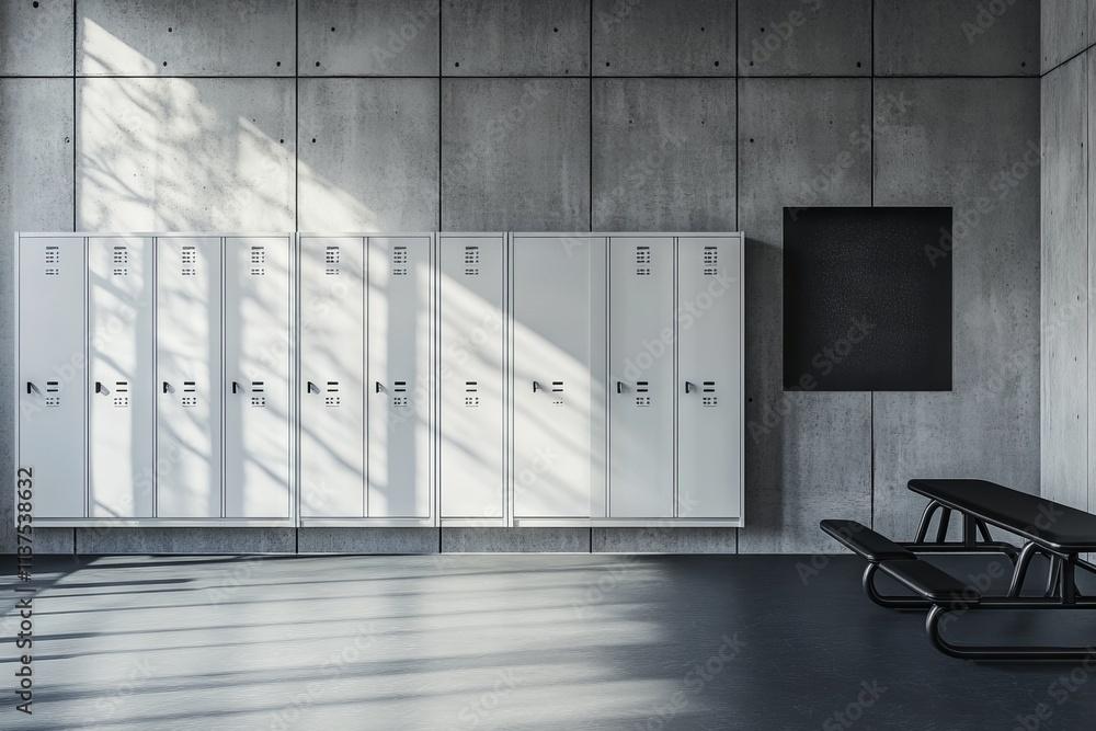 ภาพประกอบ Stock Modern Gym Locker Room with White Lockers and Black ...