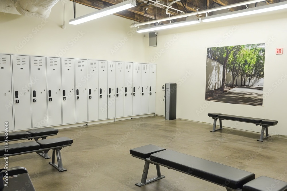 Modern Gym Locker Room with White Lockers and Black Steel Benches. AI ...