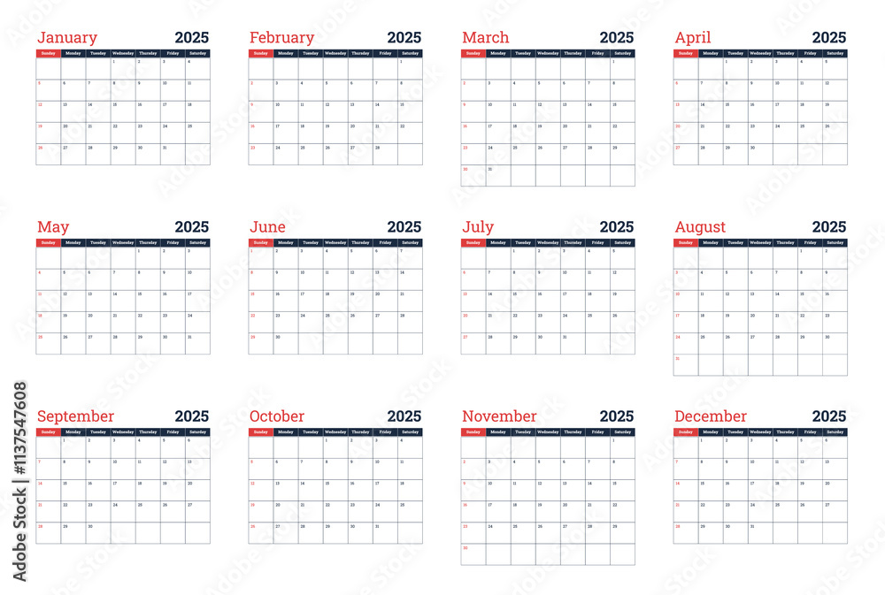 2025 Calendar design with blank space for note Stock Vector | Adobe Stock
