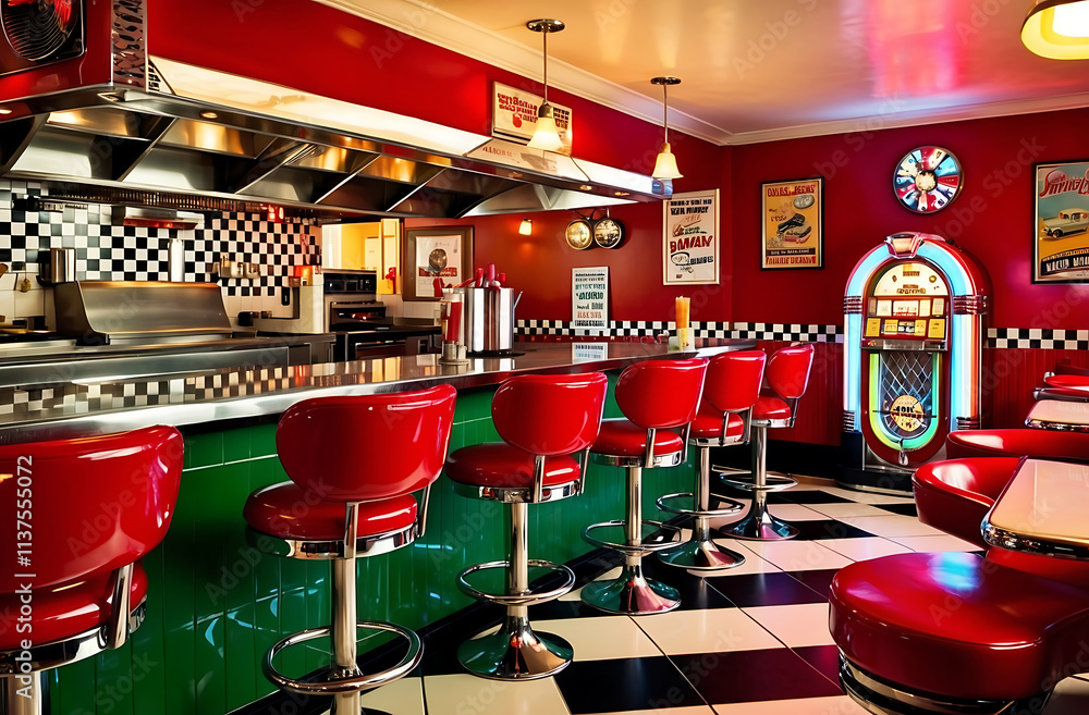 Nostalgic 1950s American Bistro Bar with Retro Charm and Vibrant ...