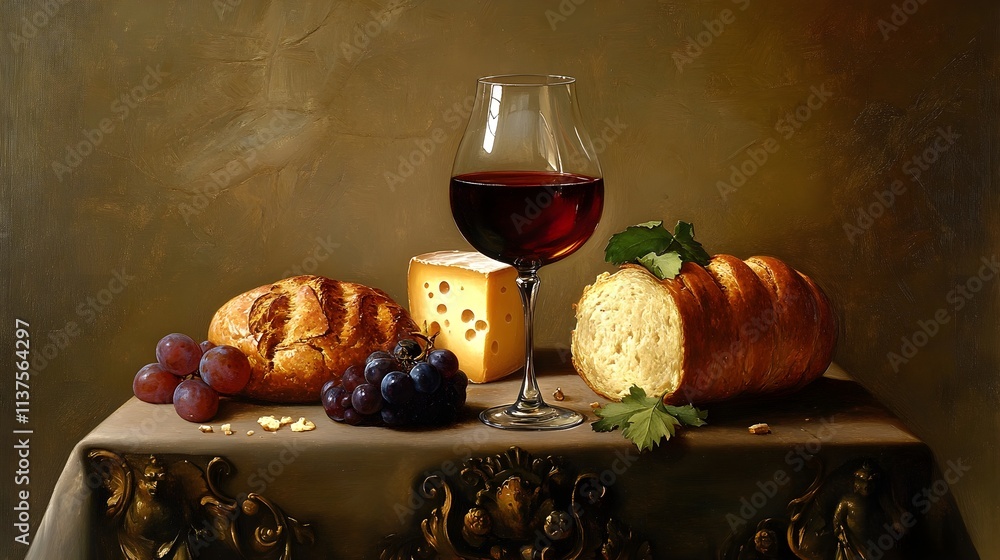 A Renaissance-inspired still life featuring a glass of wine, a loaf of ...