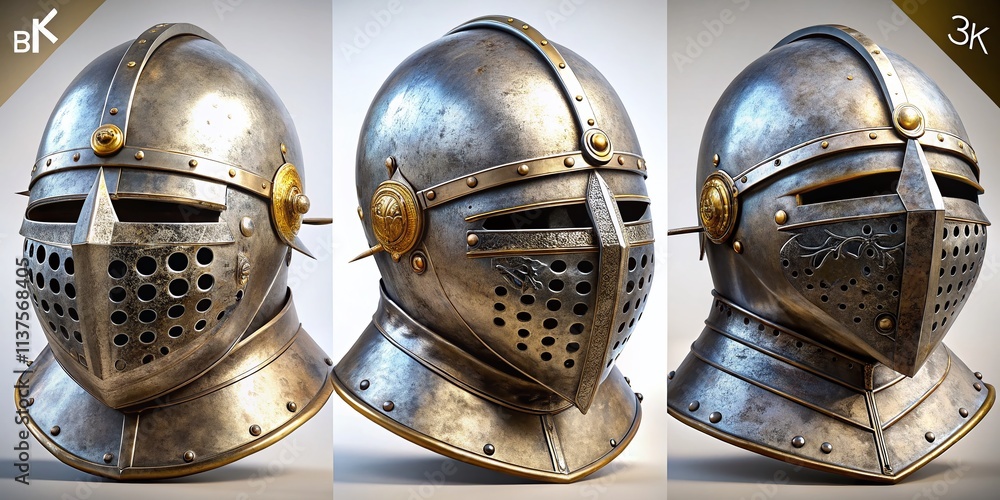 Medieval Knight Helmet Variations: Isolated White Background Images, 3D ...