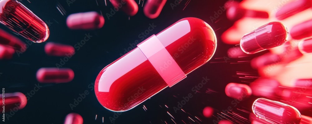 A vibrant, digitally rendered image of a red capsule surrounded by ...