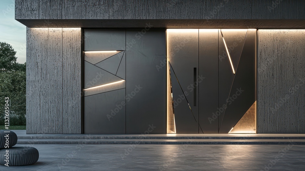 Simple steel pivot door with geometric features and integrated lighting ...