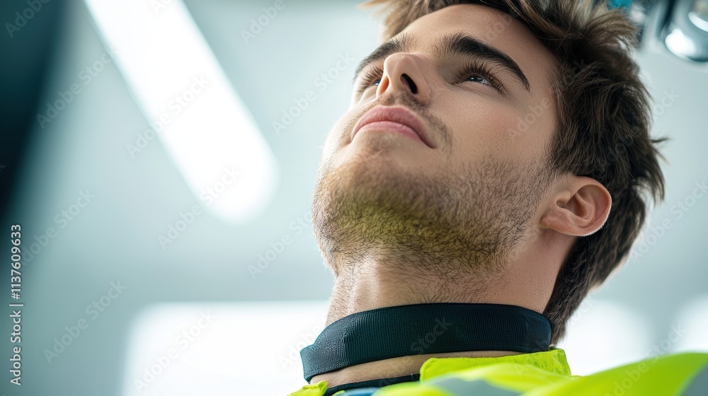 An EMT expertly stabilizes a patient neck with a cervical collar, their ...