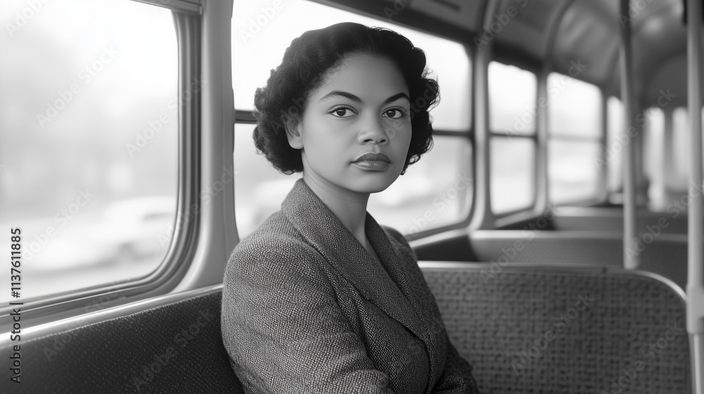 Rosa Parks sitting confidently on a bus seat with uncluttered ...