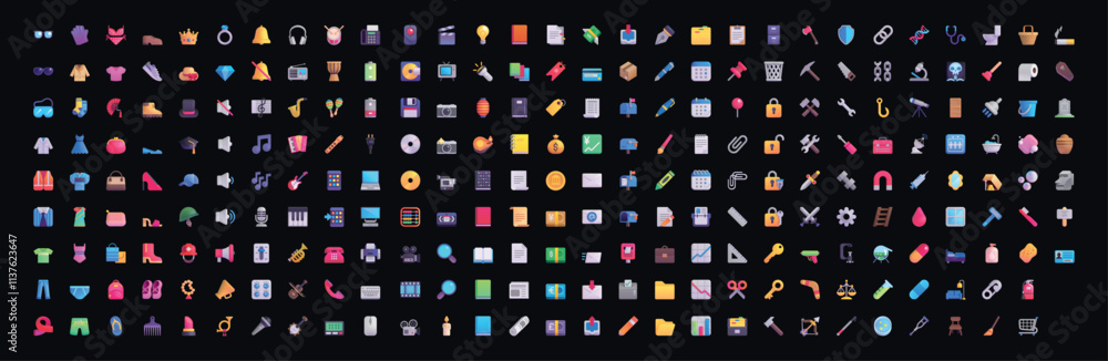 Set of yellow emoji Objects in vector graphic format on a black ...