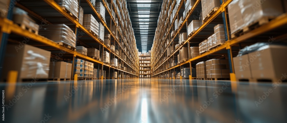 Spacious warehouse interior featuring prominent LED lighting showcasing ...